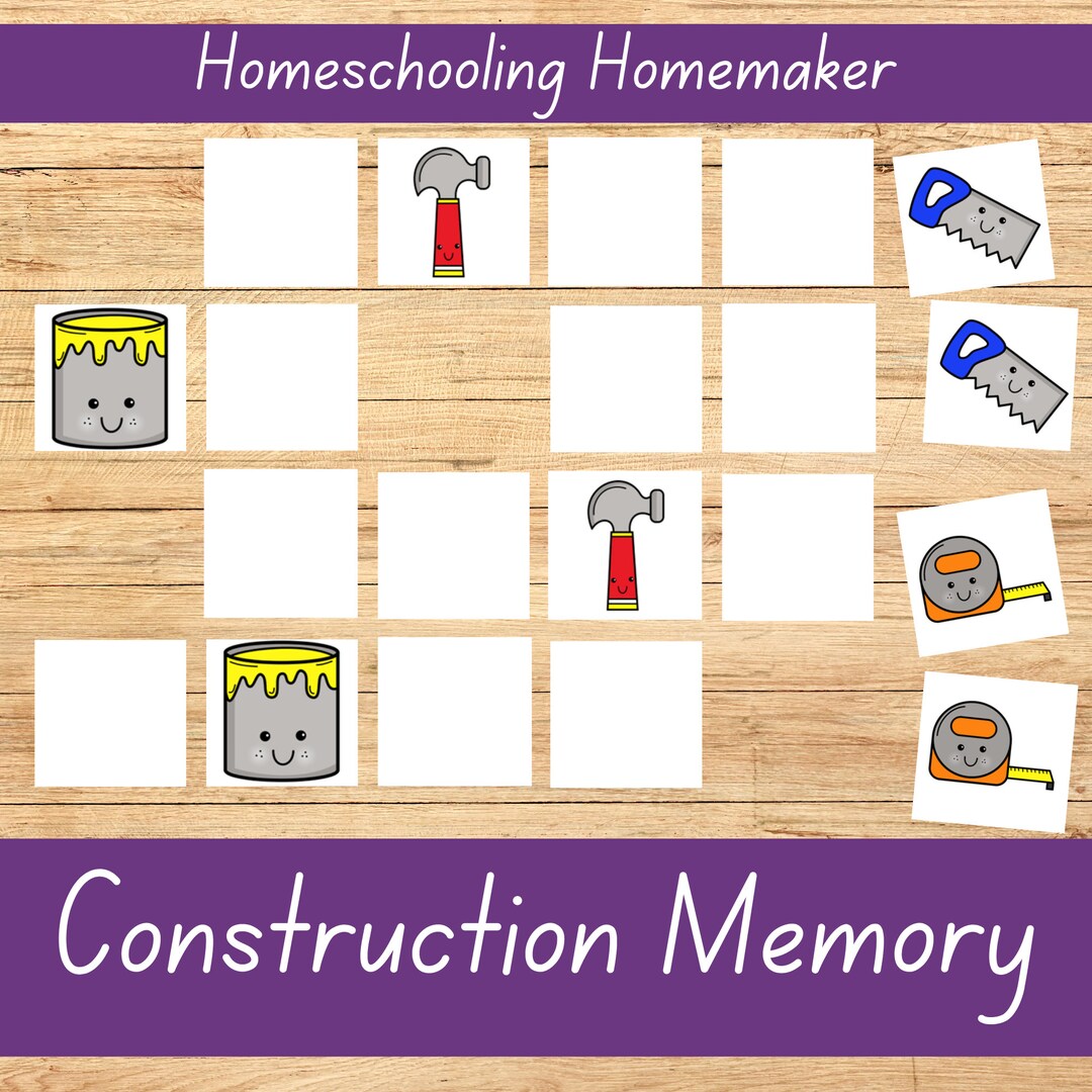 Construction Tools Memory Game for Kids, Kindergarten, Preschool ...