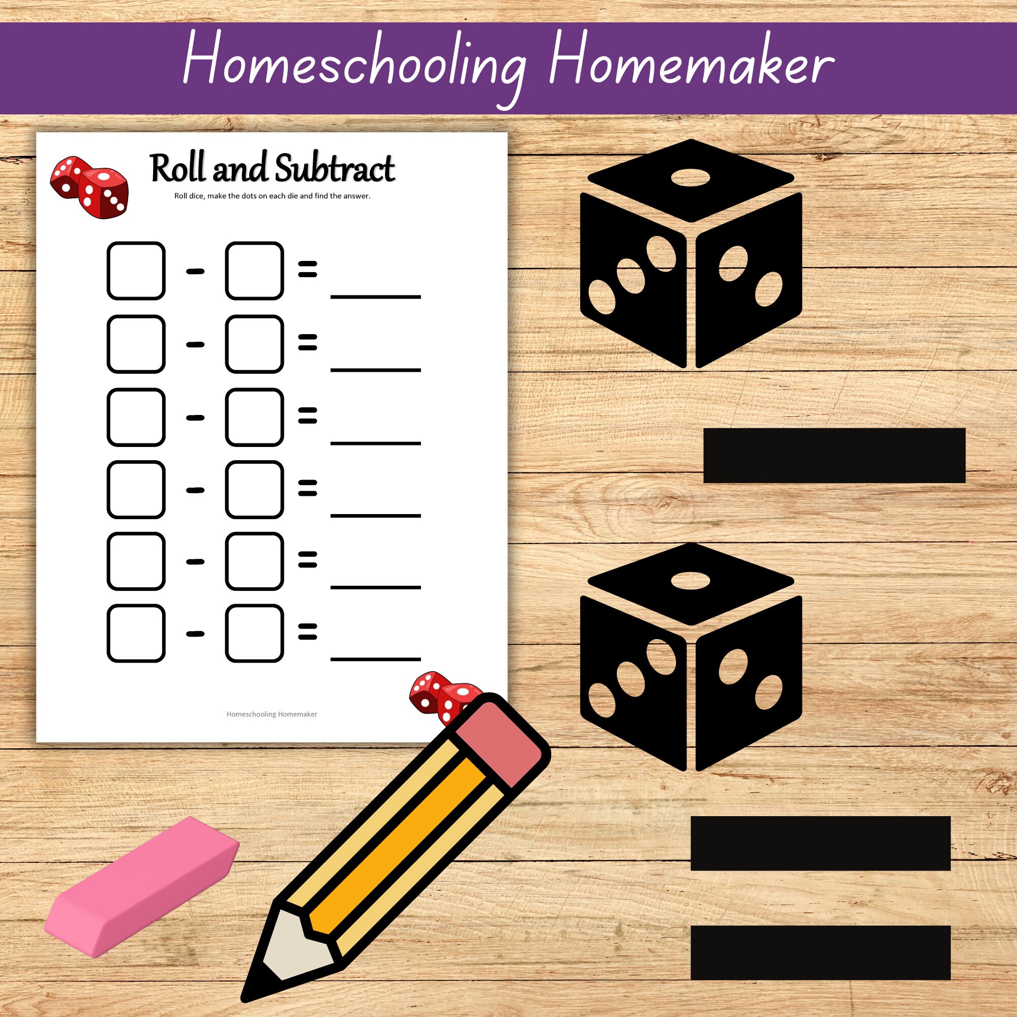 Roll and Subtract Math Practice Worksheet for Kids - Etsy