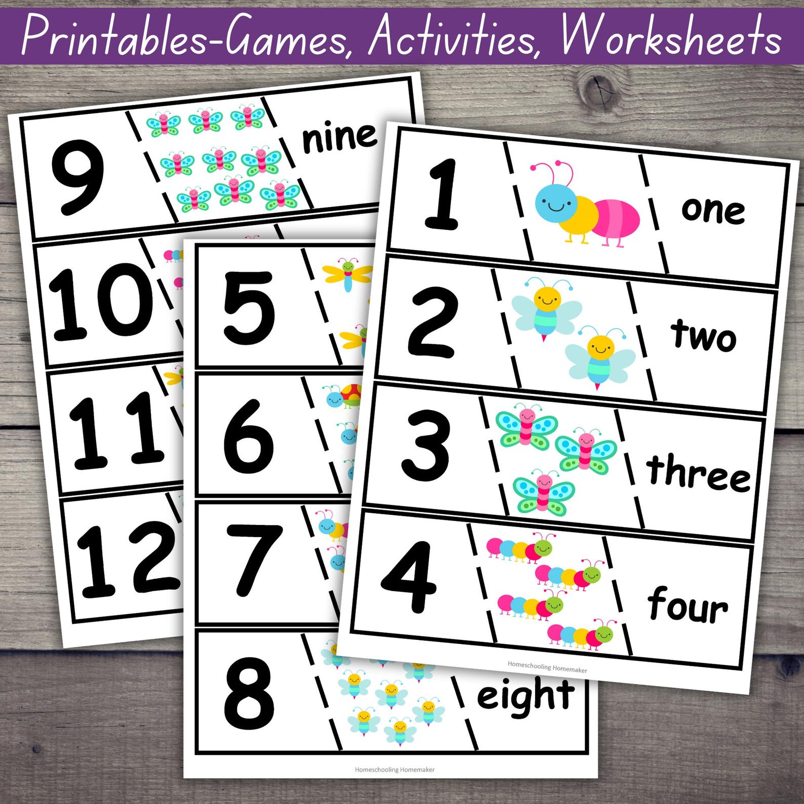 Counting and Number Word Matching Puzzle Cards for Kids, Bug Matching ...