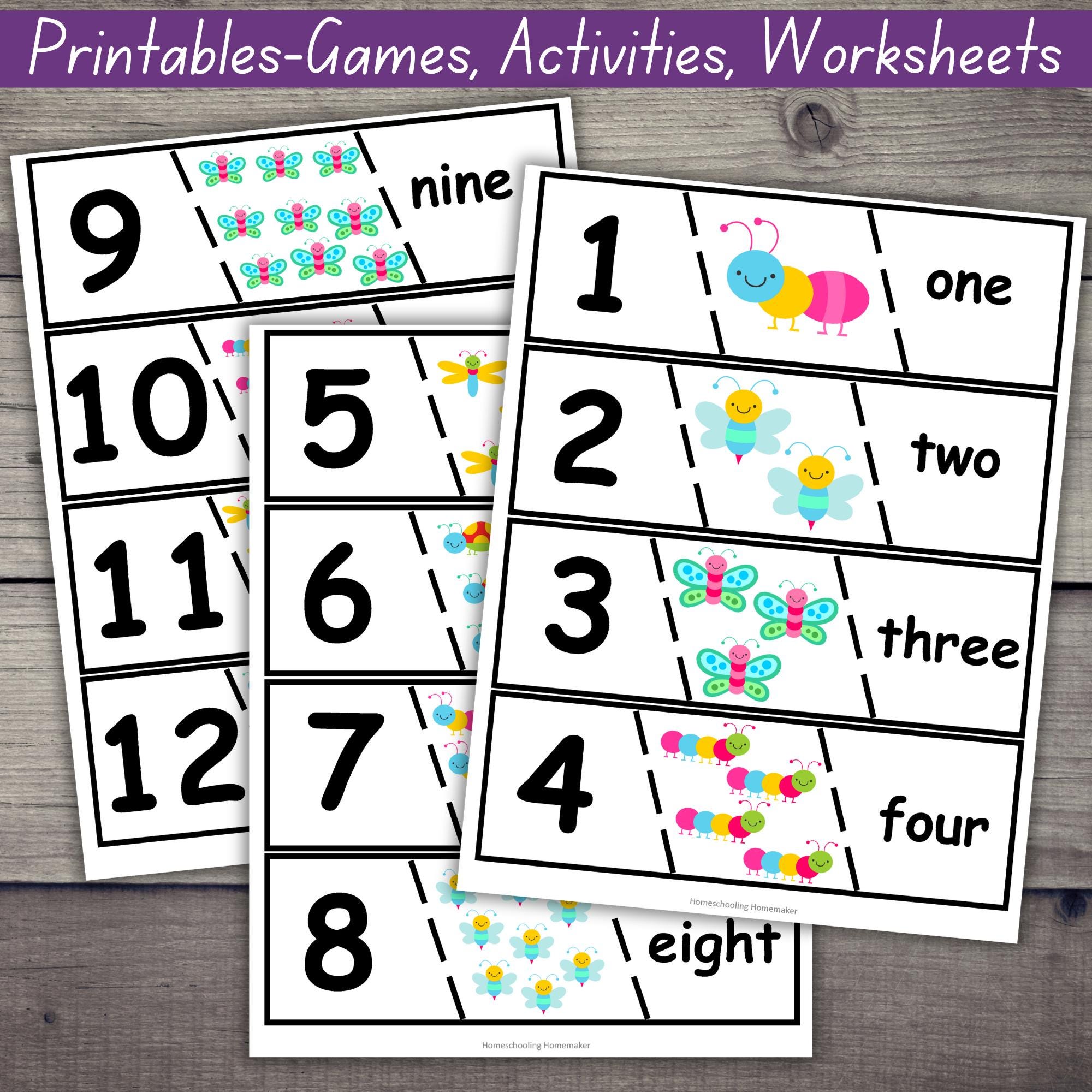 Counting and Number Word Matching Puzzle Cards for Kids, Bug Matching ...