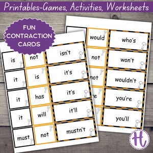 Construction Contraction Matching Cards for Kids, Elementary, Reading ...