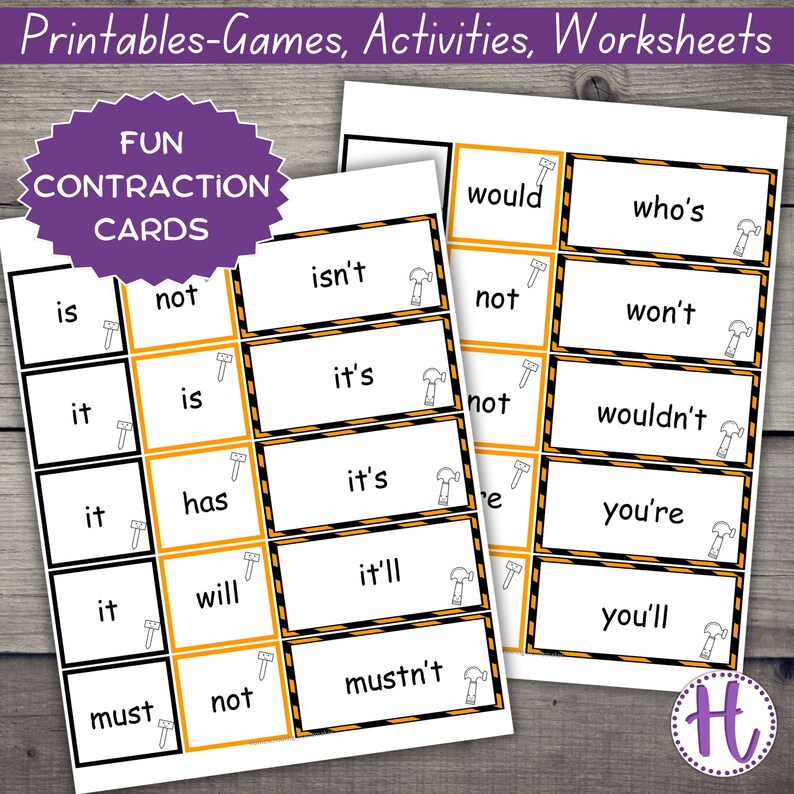 Construction Contraction Matching Cards for Kids, Elementary, Reading ...