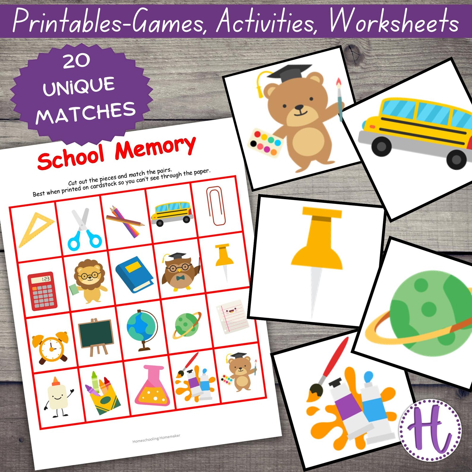 School Memory Game for Kids, Kindergarten Matching Card Game, Simple ...