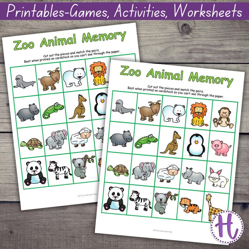 Zoo Animal Memory Game for Kids, Printable Activities, Matching Card ...