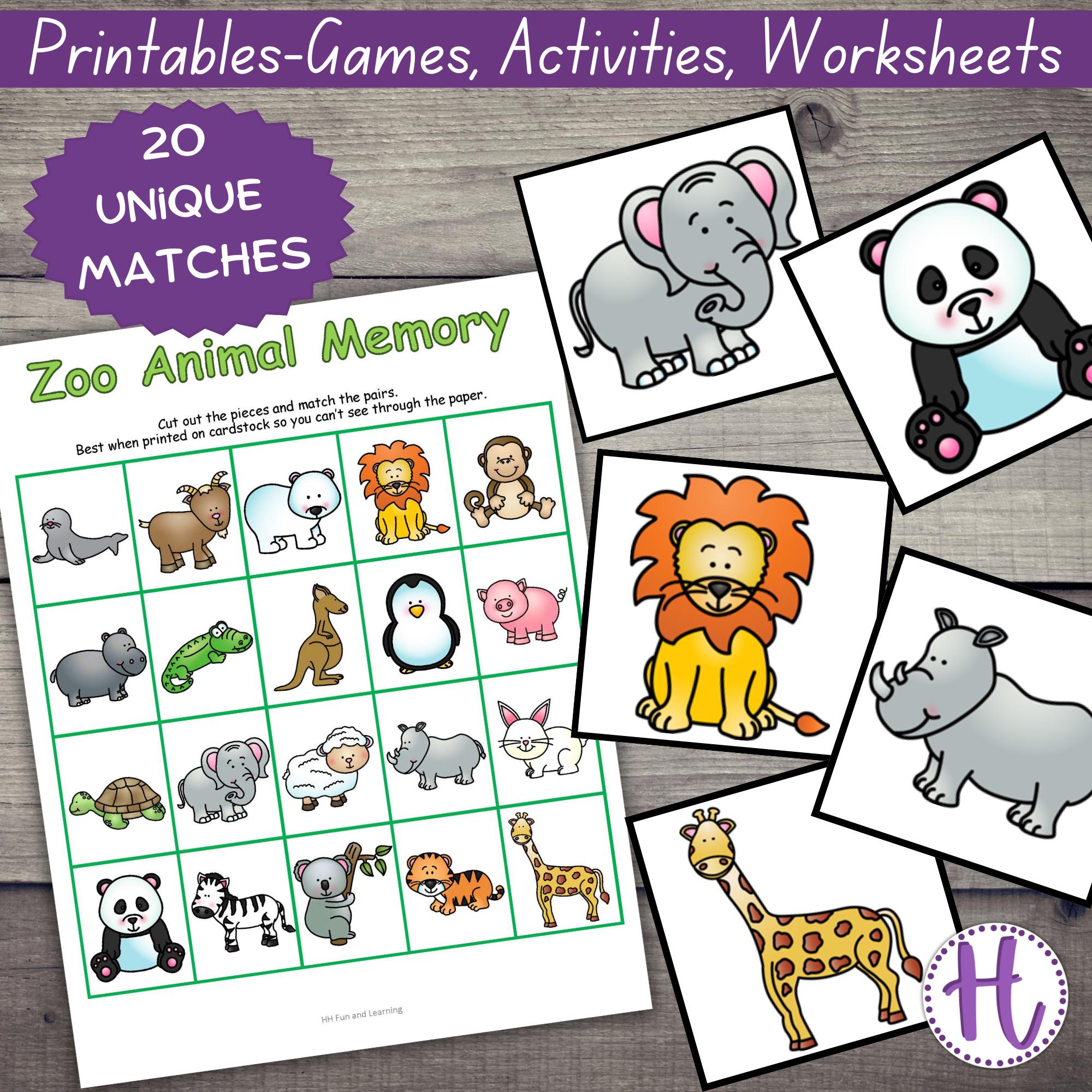 Zoo Animal Memory Game: Printable Matching Card Game for Kids (PDF ...