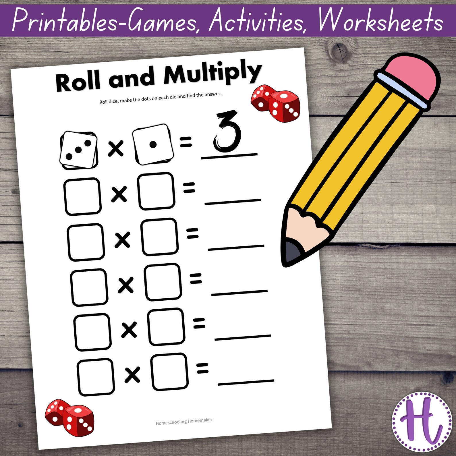 Roll and Multiply Math Practice Worksheet for Kids, Kindergarten ...