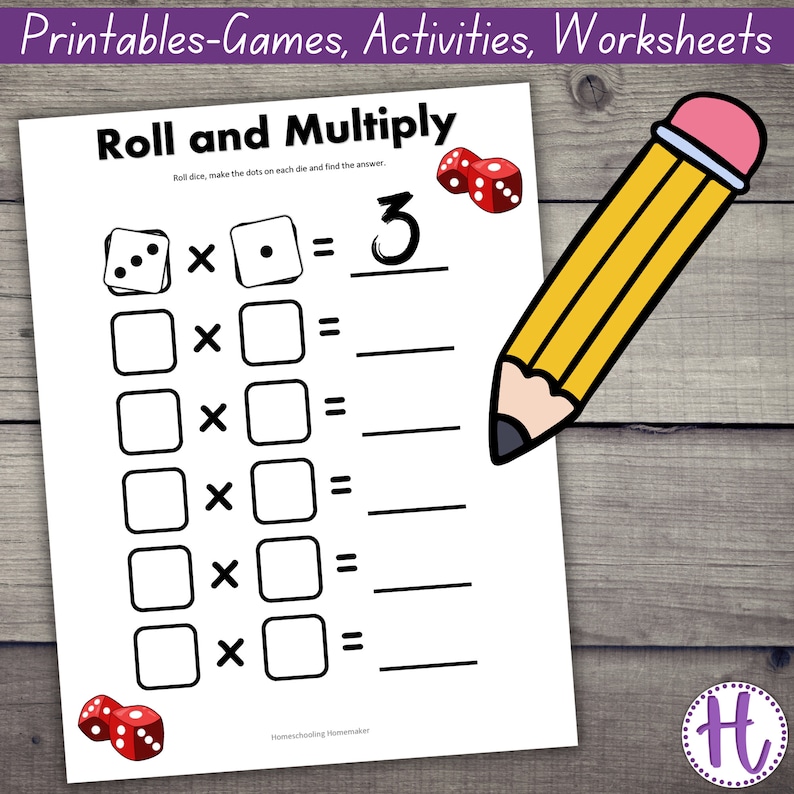 Roll and Multiply Math Practice Worksheet for Kids, Kindergarten ...