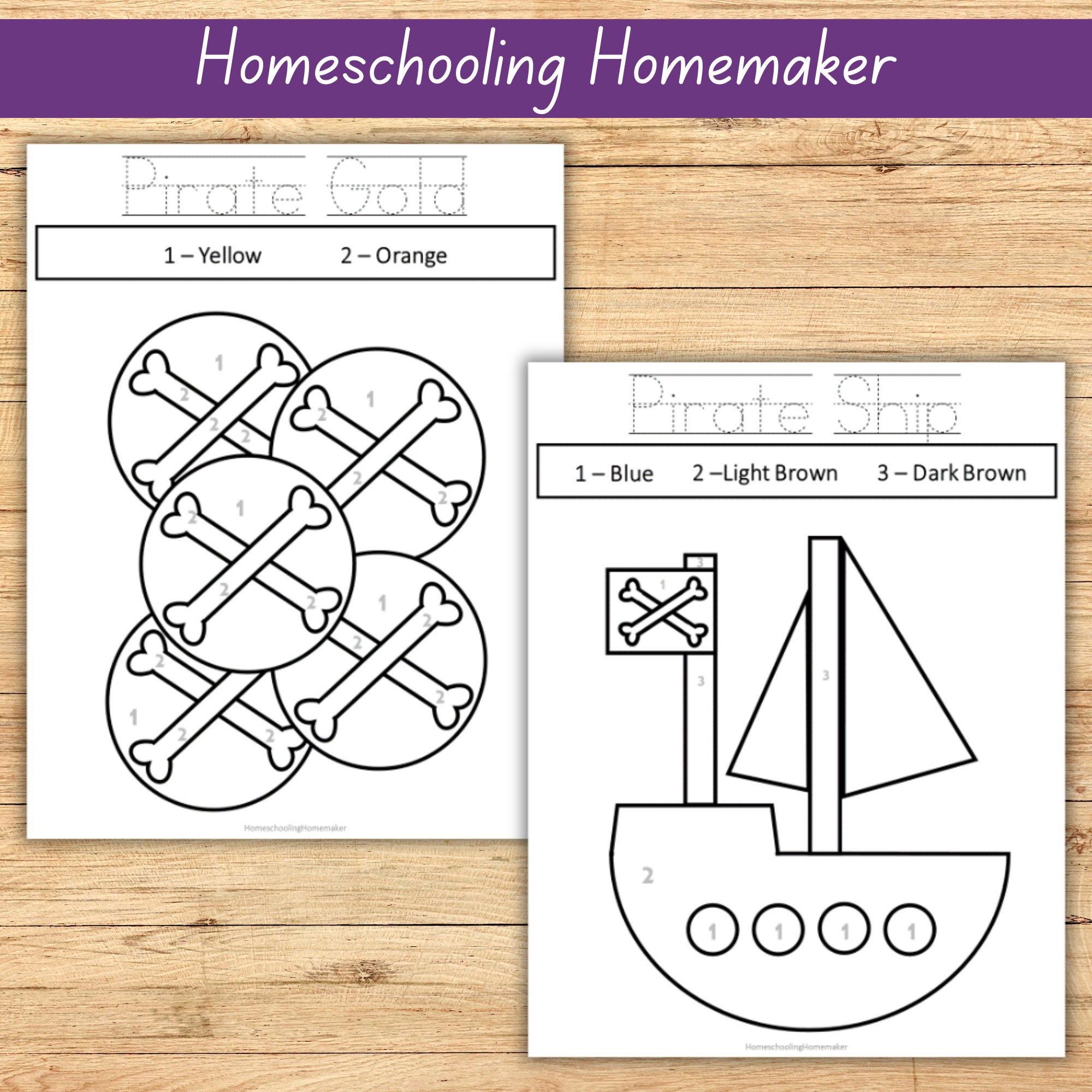 Pirate Theme Color by Number Worksheets With Letter Tracing for Kids in ...