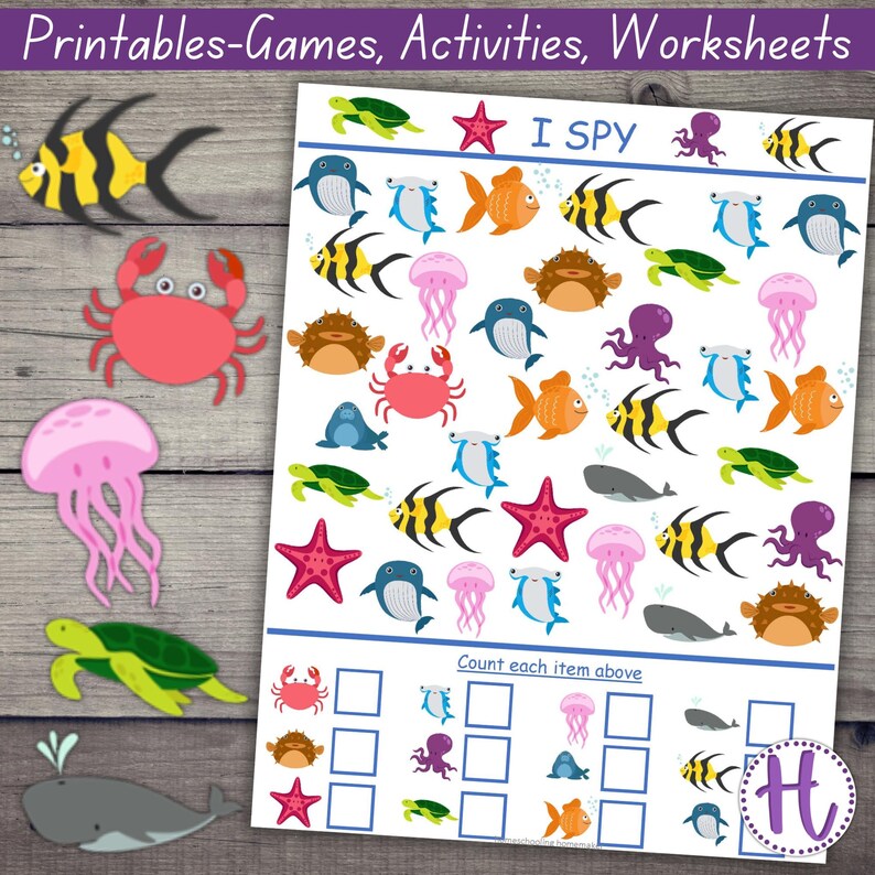 Ocean I Spy With Graphing Worksheets for Kids, Preschool Counting Pages ...