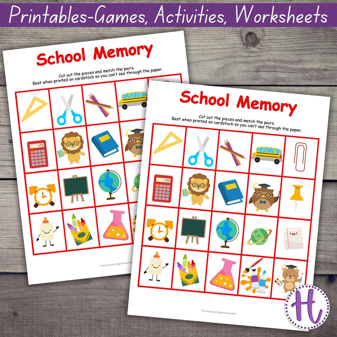 School Memory Game for Kids, Kindergarten Matching Card Game, Simple ...