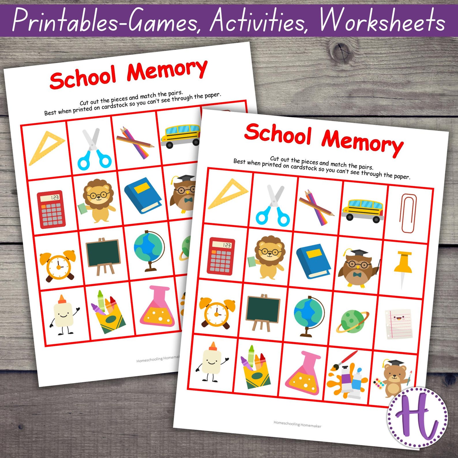 School Memory Game for Kids, Kindergarten Matching Card Game, Simple ...