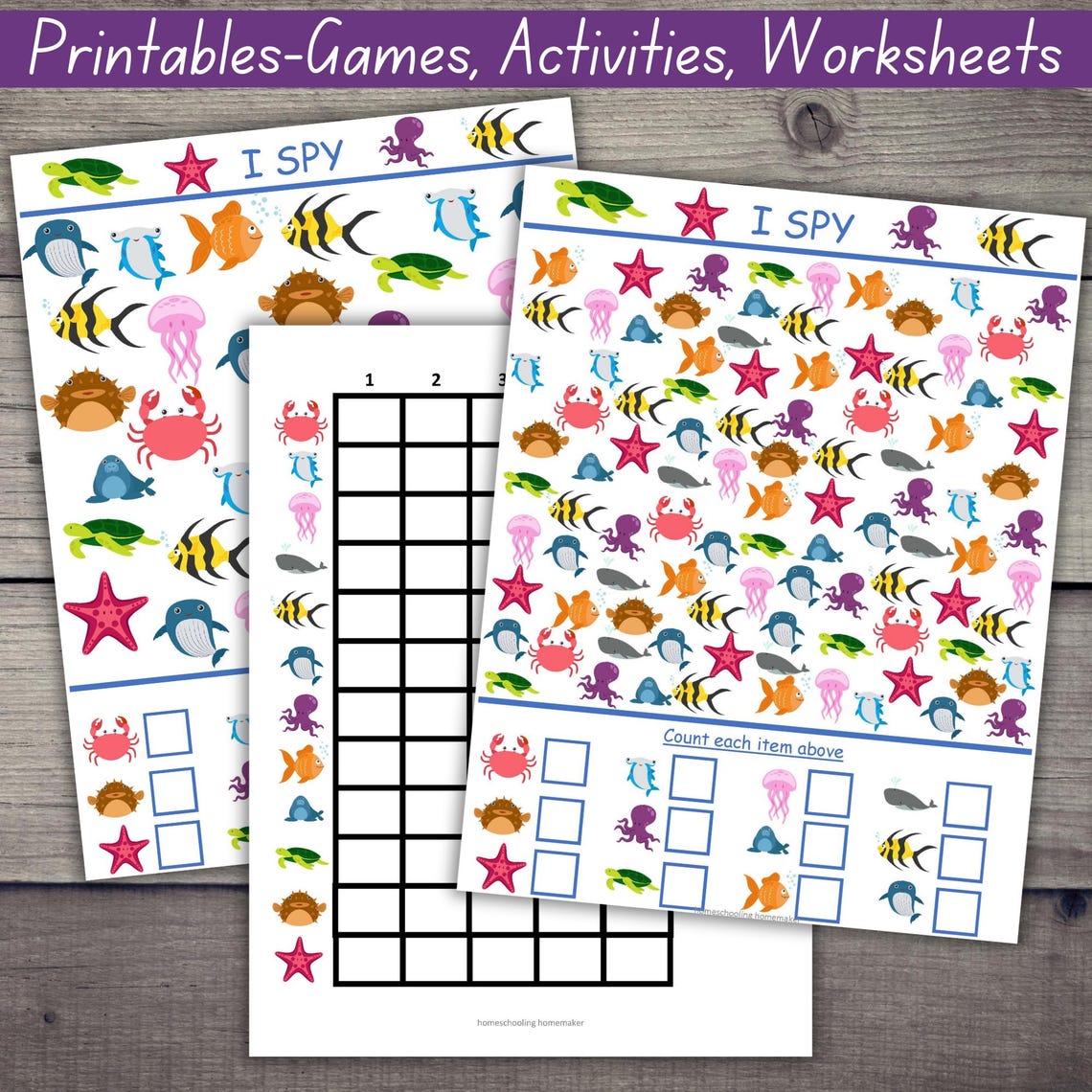 Ocean I Spy With Graphing Worksheets for Kids, Preschool Counting Pages ...