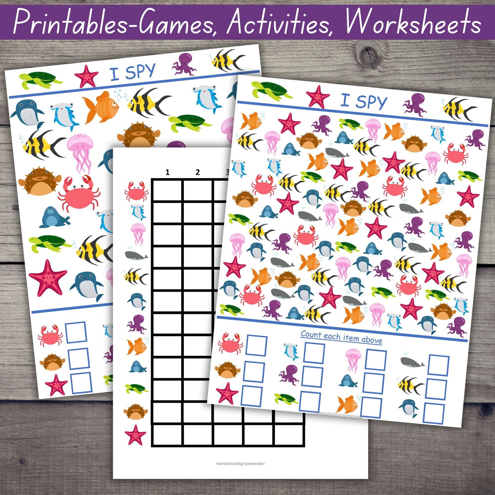 Ocean I Spy With Graphing Worksheets for Kids, Preschool Counting Pages ...