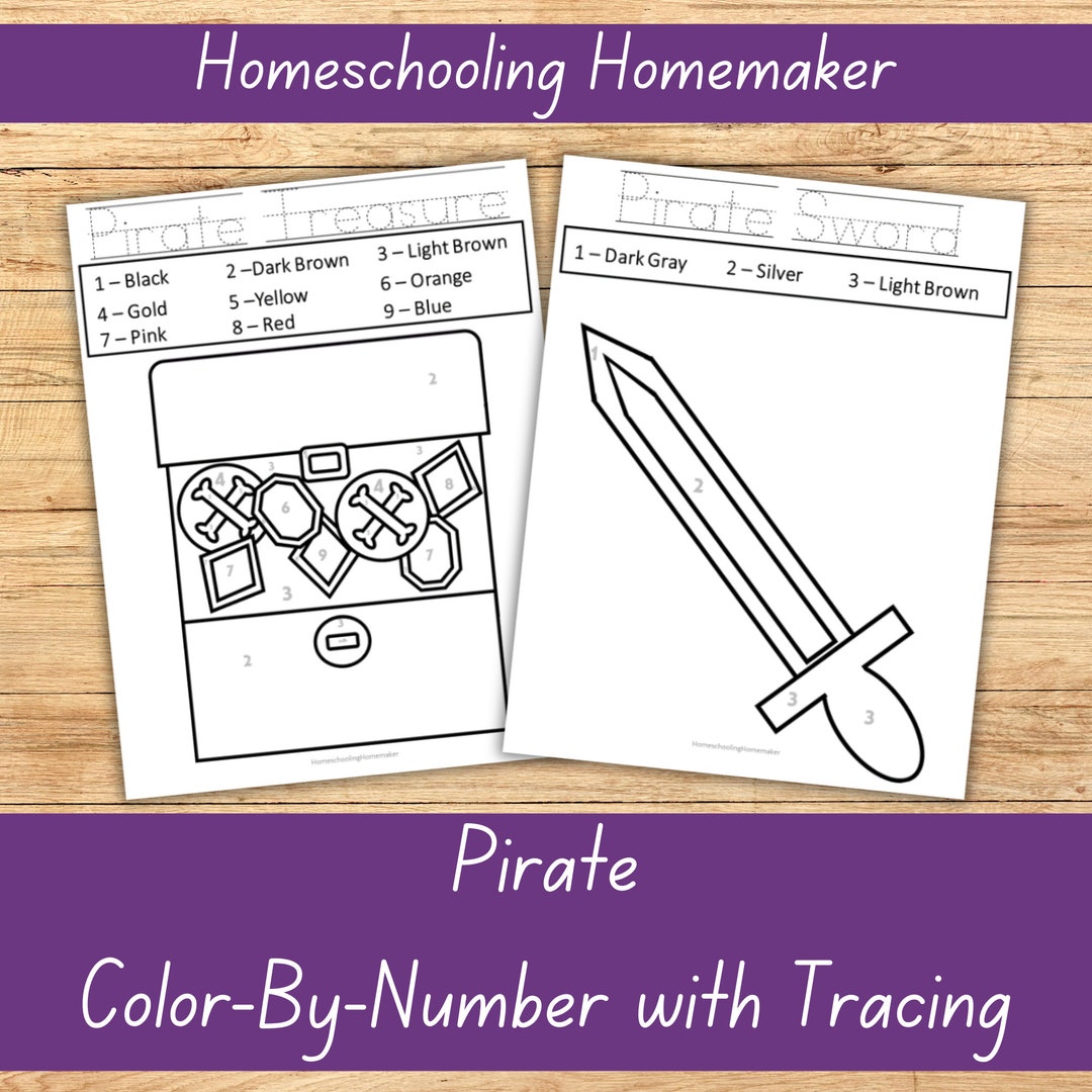 Pirate Theme Color by Number Worksheets With Letter Tracing for Kids in ...