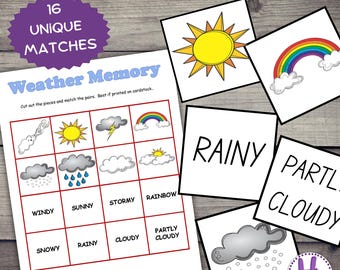Weather Printable Memory Game Pre-school Printable Game Homeschool ...