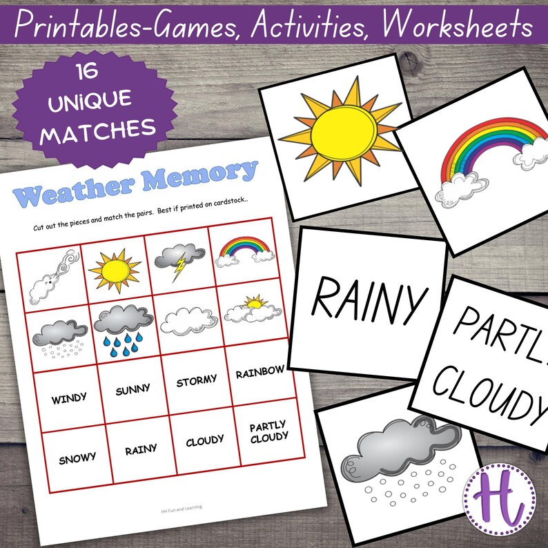 Weather Memory Game for Kids, Kindergarten Learning Game About Weather ...
