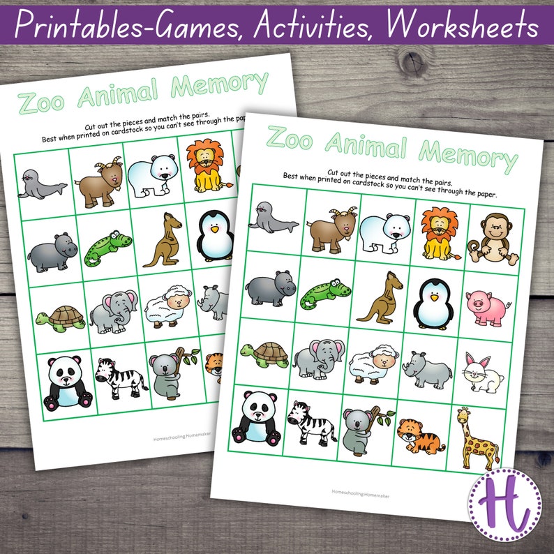 Zoo Animal Memory Game for Kids, Printable Activities, Matching Card ...