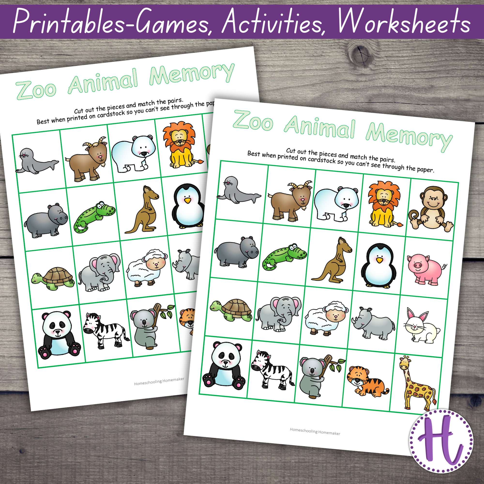 Zoo Animal Memory Game for Kids, Printable Activities, Matching Card ...