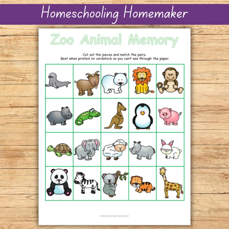 Zoo Animal Memory Game for Kids, Kindergarten, Preschool, Elementary ...