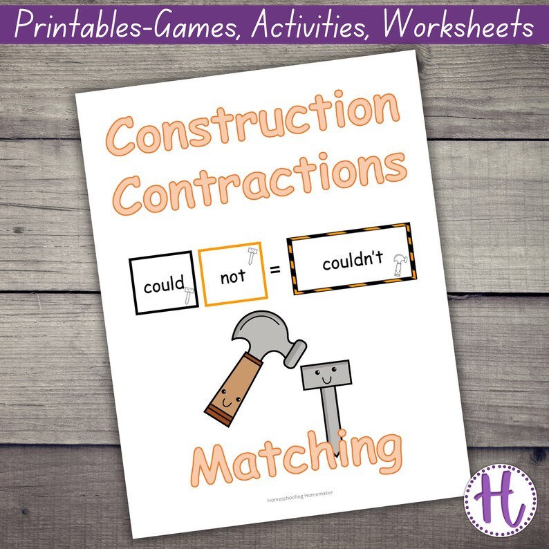 Construction Contraction Matching Cards for Kids, Elementary, Reading ...