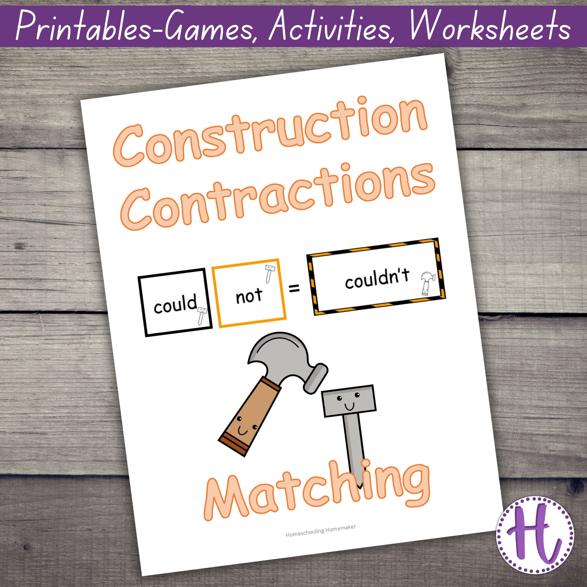 Construction Contraction Matching Cards for Kids, Elementary, Reading ...