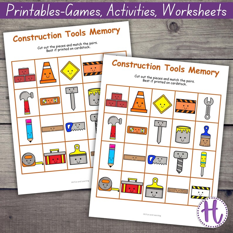 Construction Tools Memory Game: Kids Matching Activity (PDF Download ...