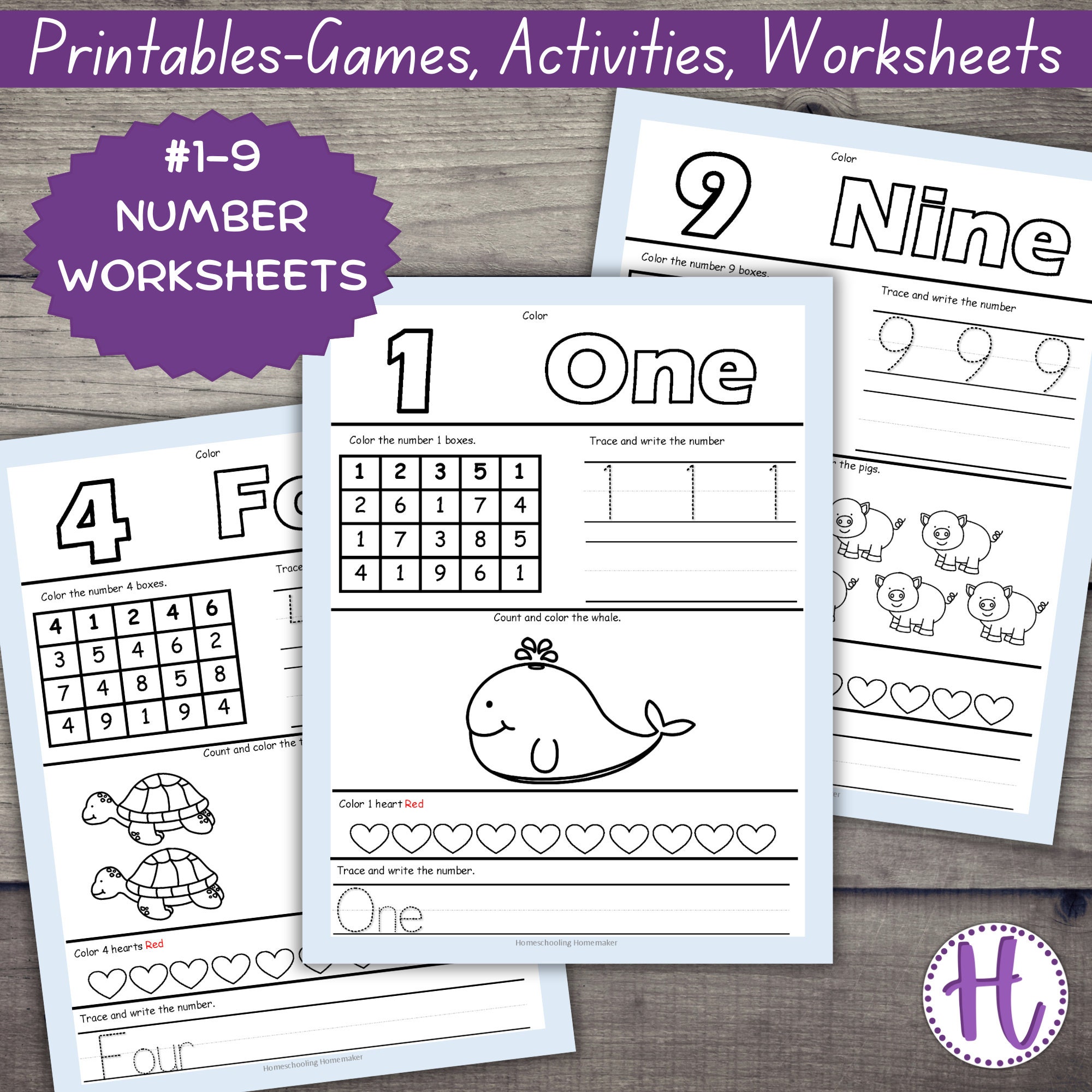 Number Worksheets 1-9: Preschool Counting Practice (PDF) - Etsy