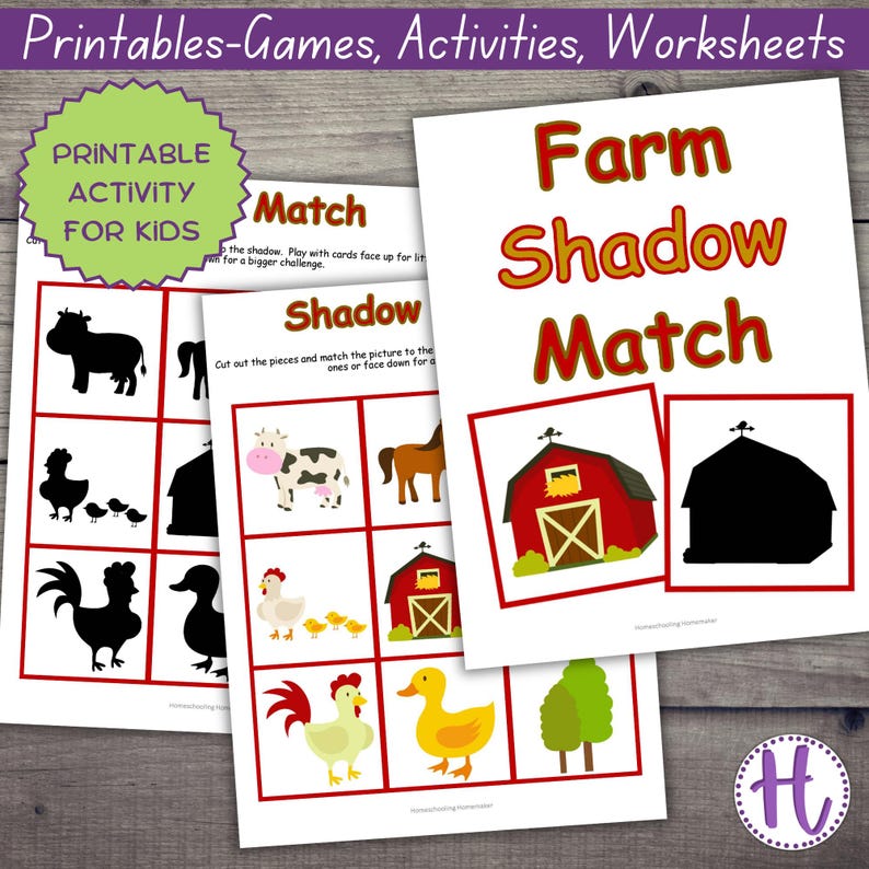 Farm Shadow Matching Cards for Toddlers, Preschool Activity, Printable ...