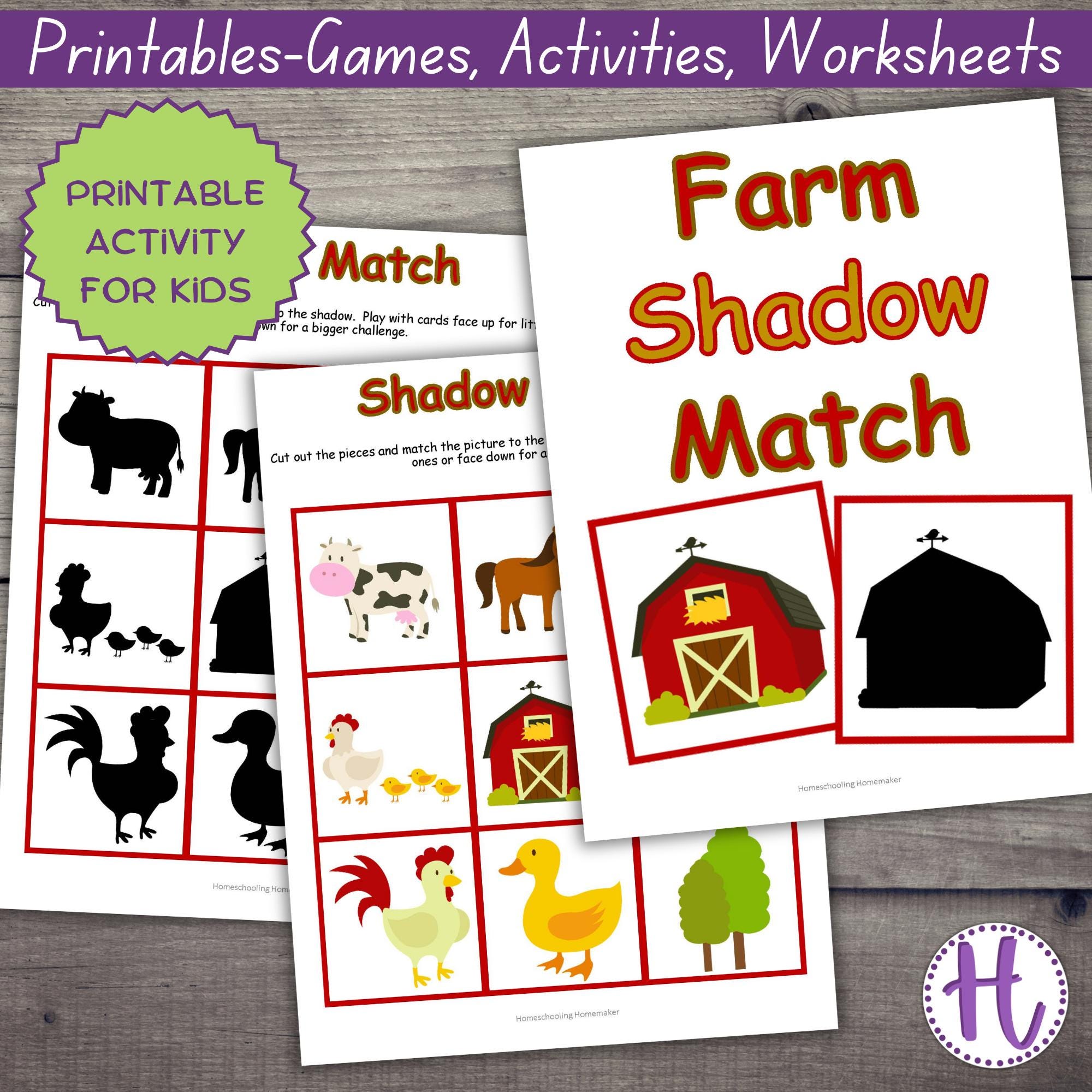 Farm Shadow Matching Cards for Toddlers, Preschool Activity, Printable ...