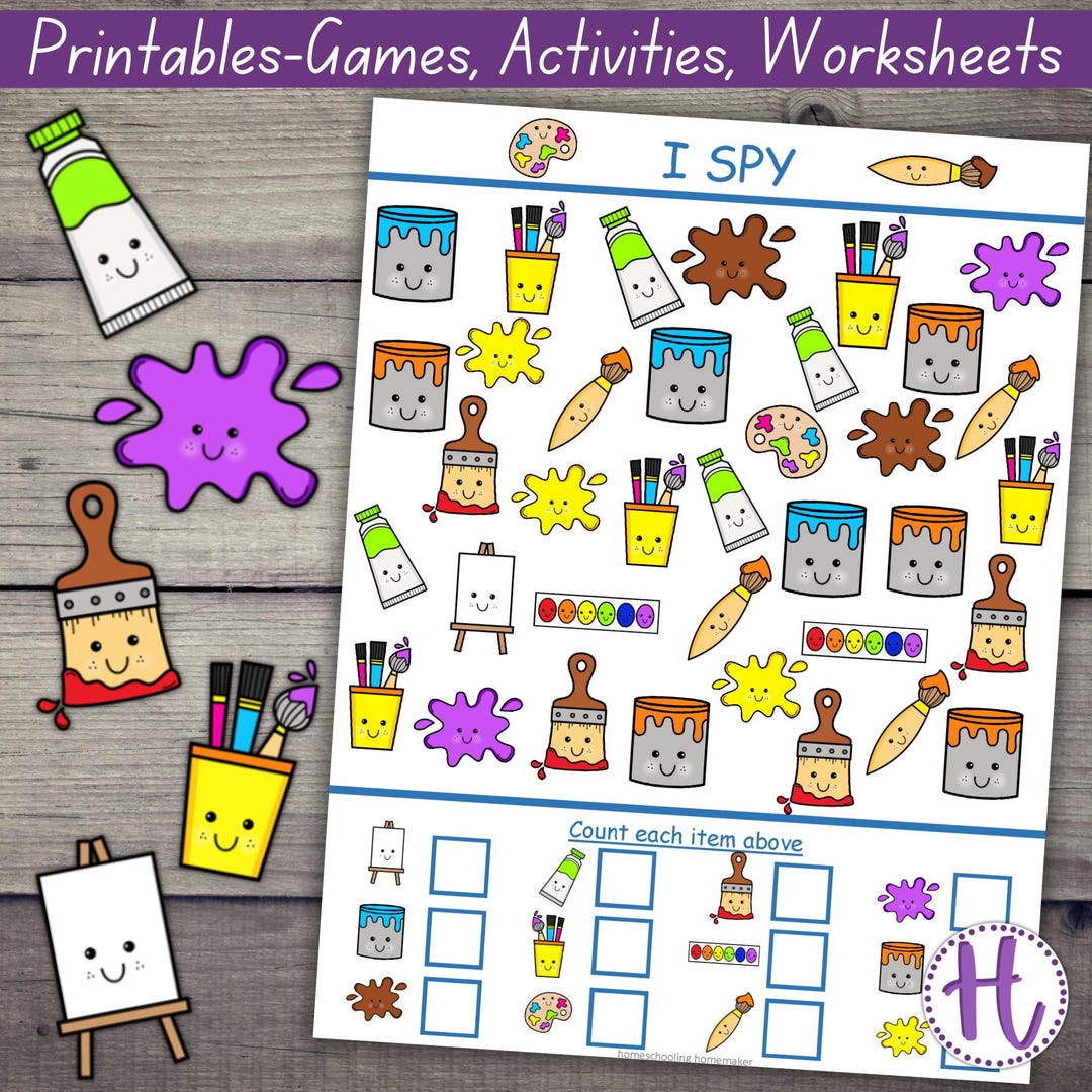 I Spy Painting Tools With Graphing Charts, Counting Worksheet, Seek and ...