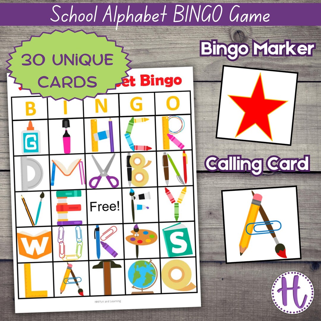 School Alphabet Bingo Printable Game for Kids, Back to School Game ...
