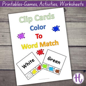Color to Word Matching Clip Cards Preschool, Kindergarten, Elementary ...