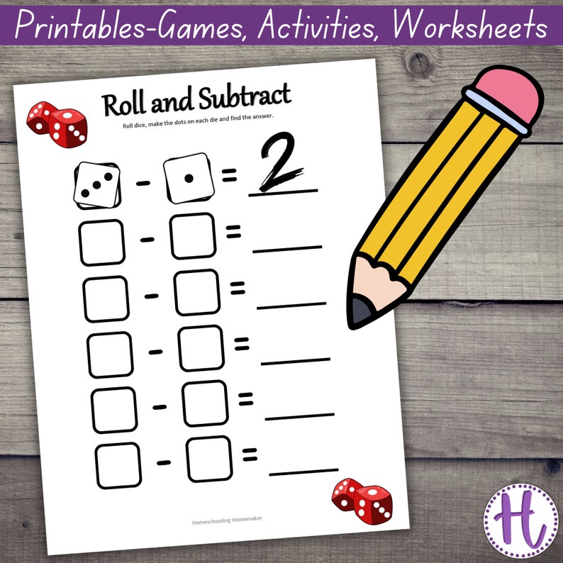 Roll and Subtract Math Practice Worksheet for Kids, Kindergarten ...