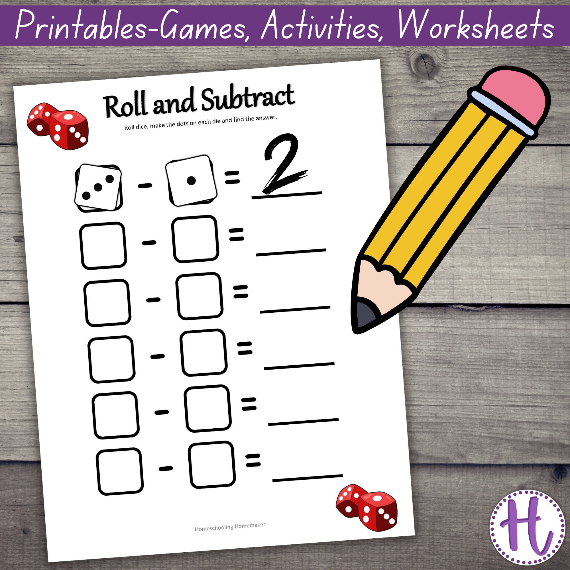 Roll and Subtract Math Practice Worksheet for Kids, Kindergarten ...