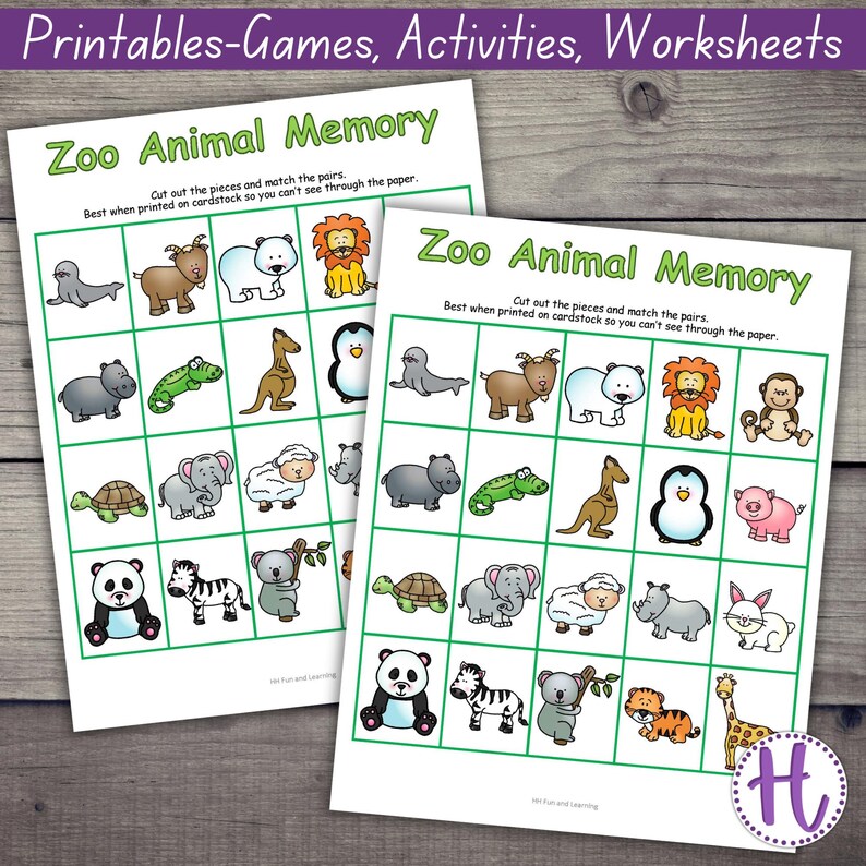 Zoo Animal Memory Game: Printable Matching Card Game for Kids (PDF ...