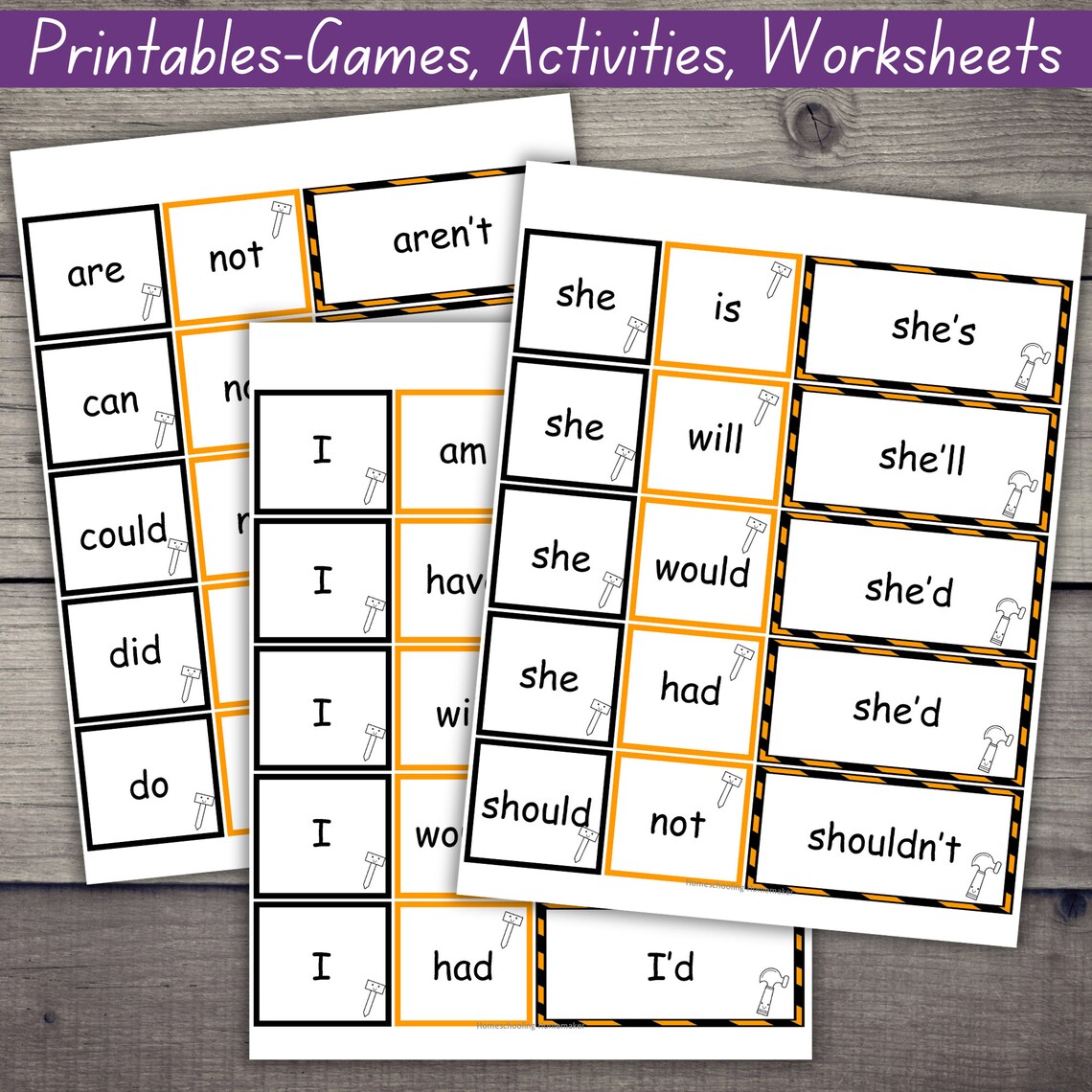 Construction Contraction Matching Cards for Kids, Elementary, Reading ...