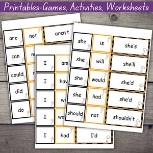 Construction Contraction Matching Cards for Kids, Elementary, Reading ...