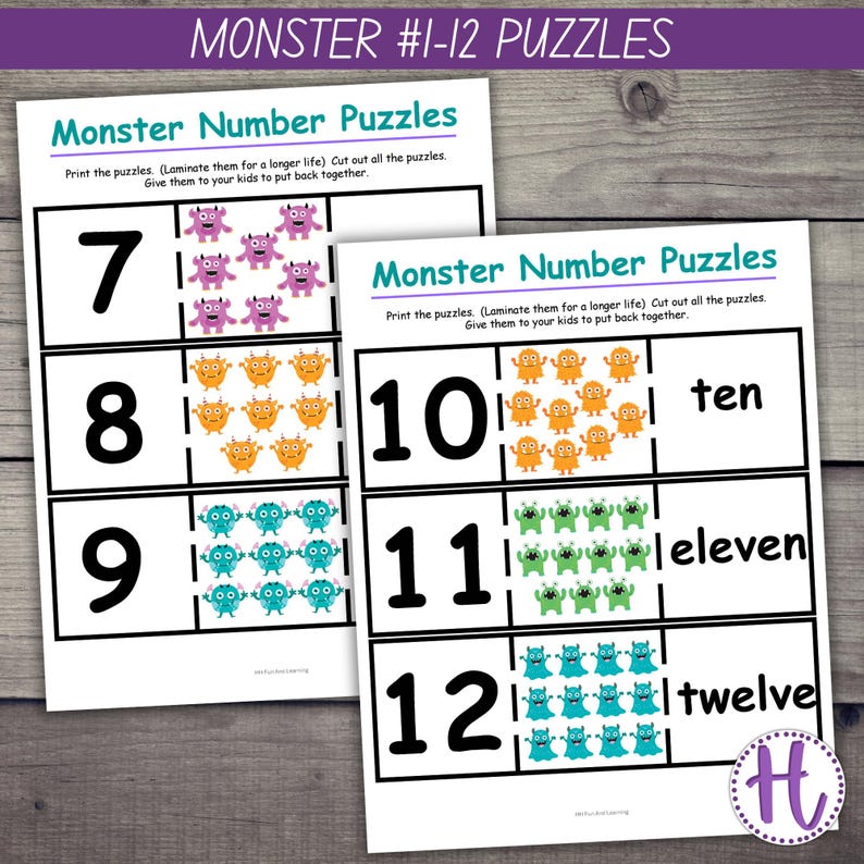 Monster Number Puzzles 1-12 Printable Activity for Kids, Number ...