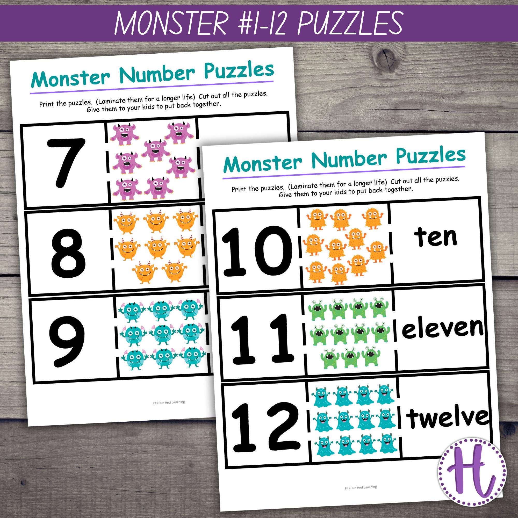 Monster Number Puzzles 1-12 Printable Activity for Kids, Number ...