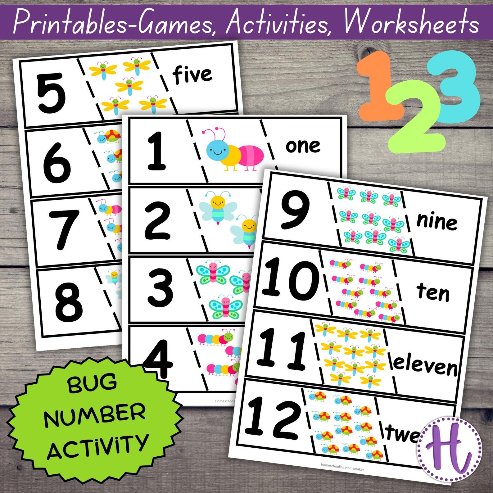 Counting and Number Word Matching Puzzle Cards for Kids, Bug Matching ...