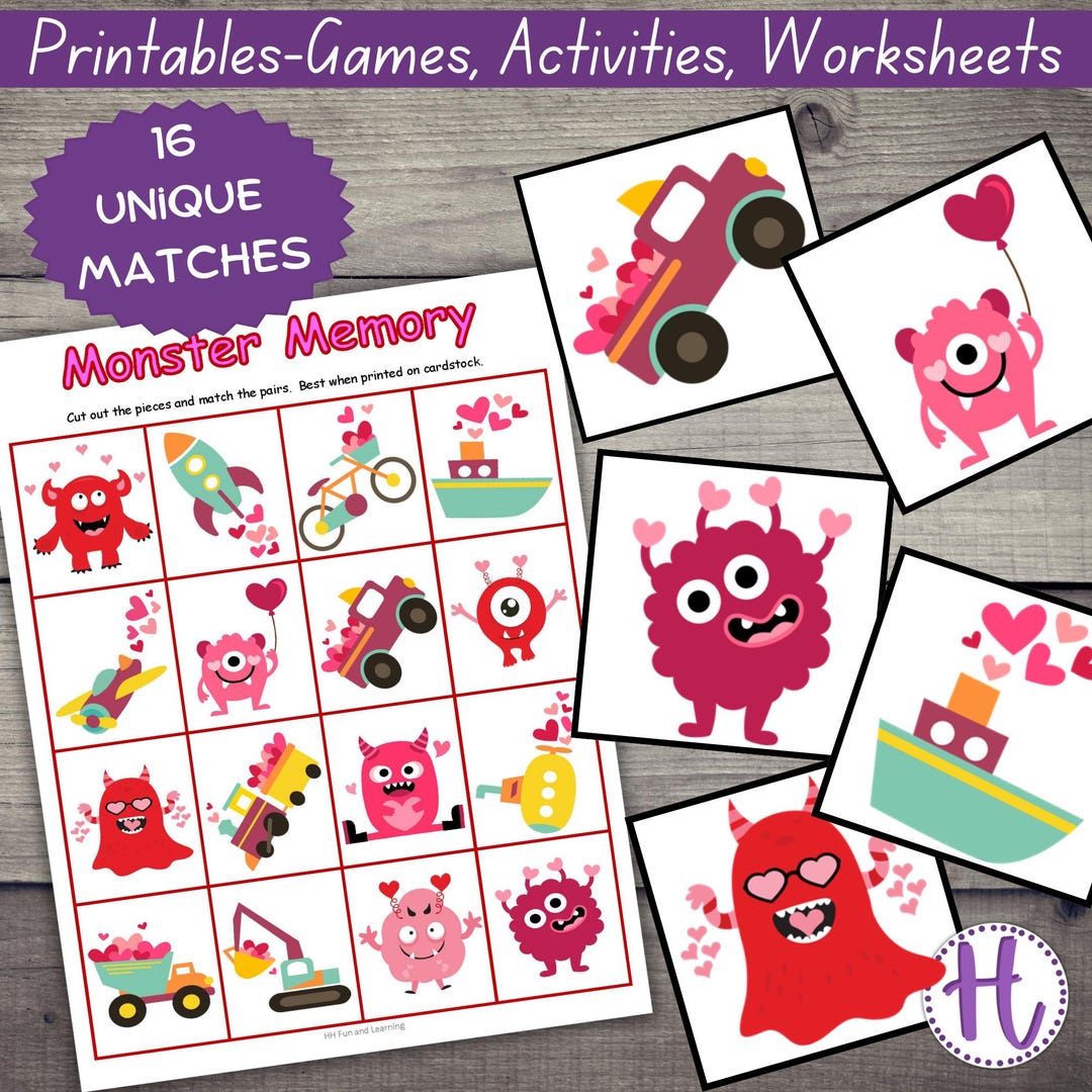 Valentine's Day Memory Game With Monsters and Vehicles for Kids ...