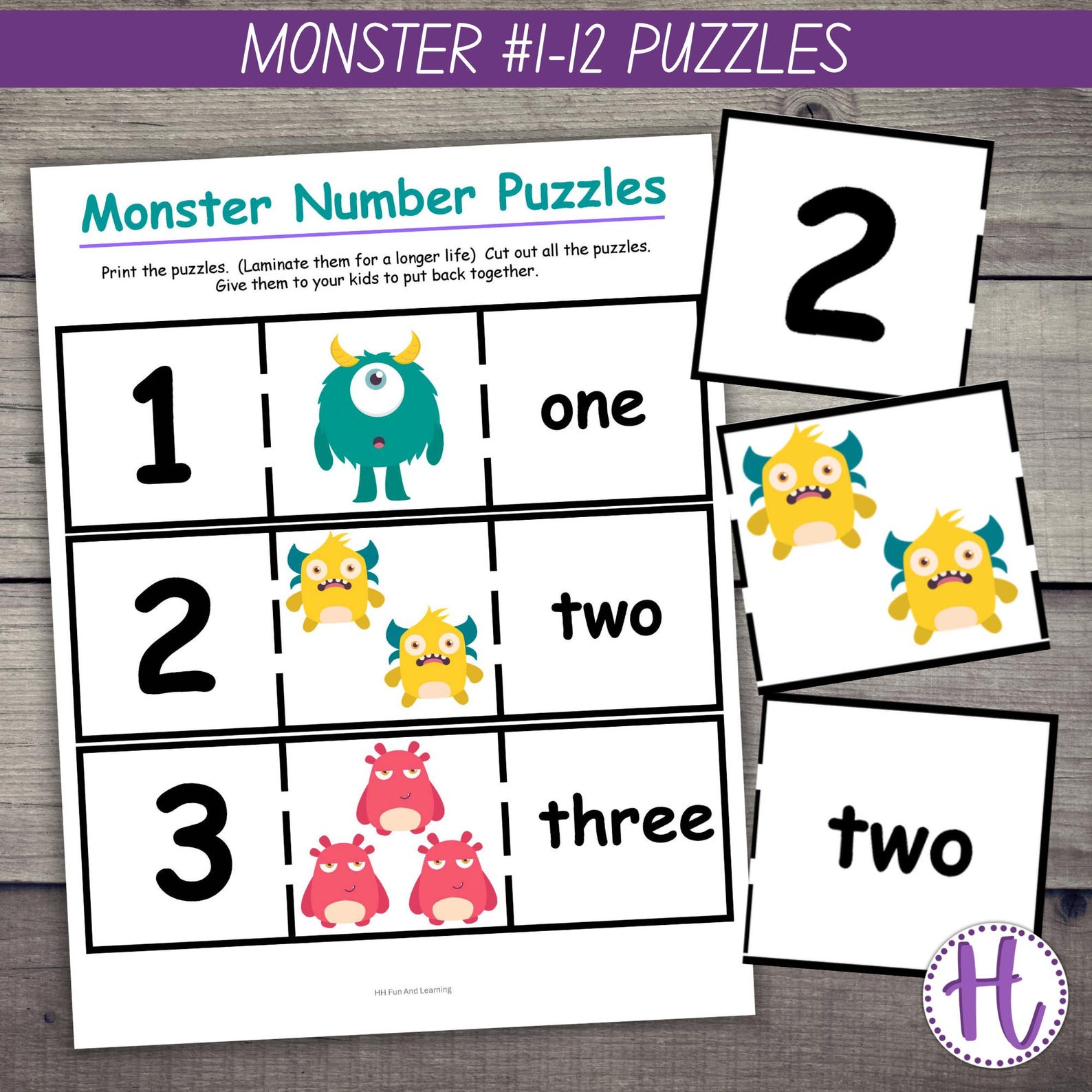 Monster Number Puzzles 1-12 Printable Activity for Kids, Number ...