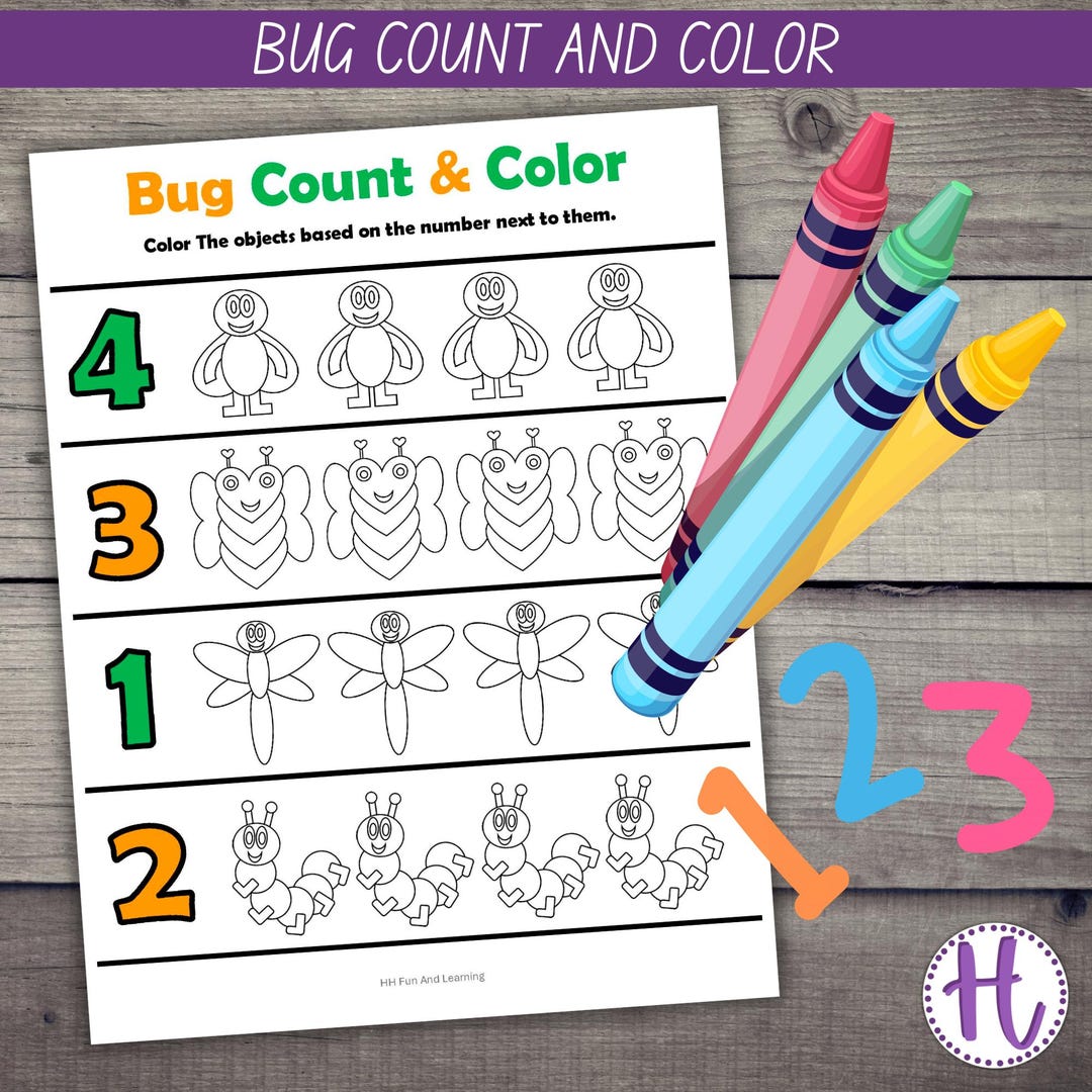 Bug Count & Color Worksheet, Preschool Math Activity, Counting Printable, Early Learning Pages ...
