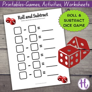 Roll and Subtract Math Practice Worksheet| Printable Math Game for Kids ...