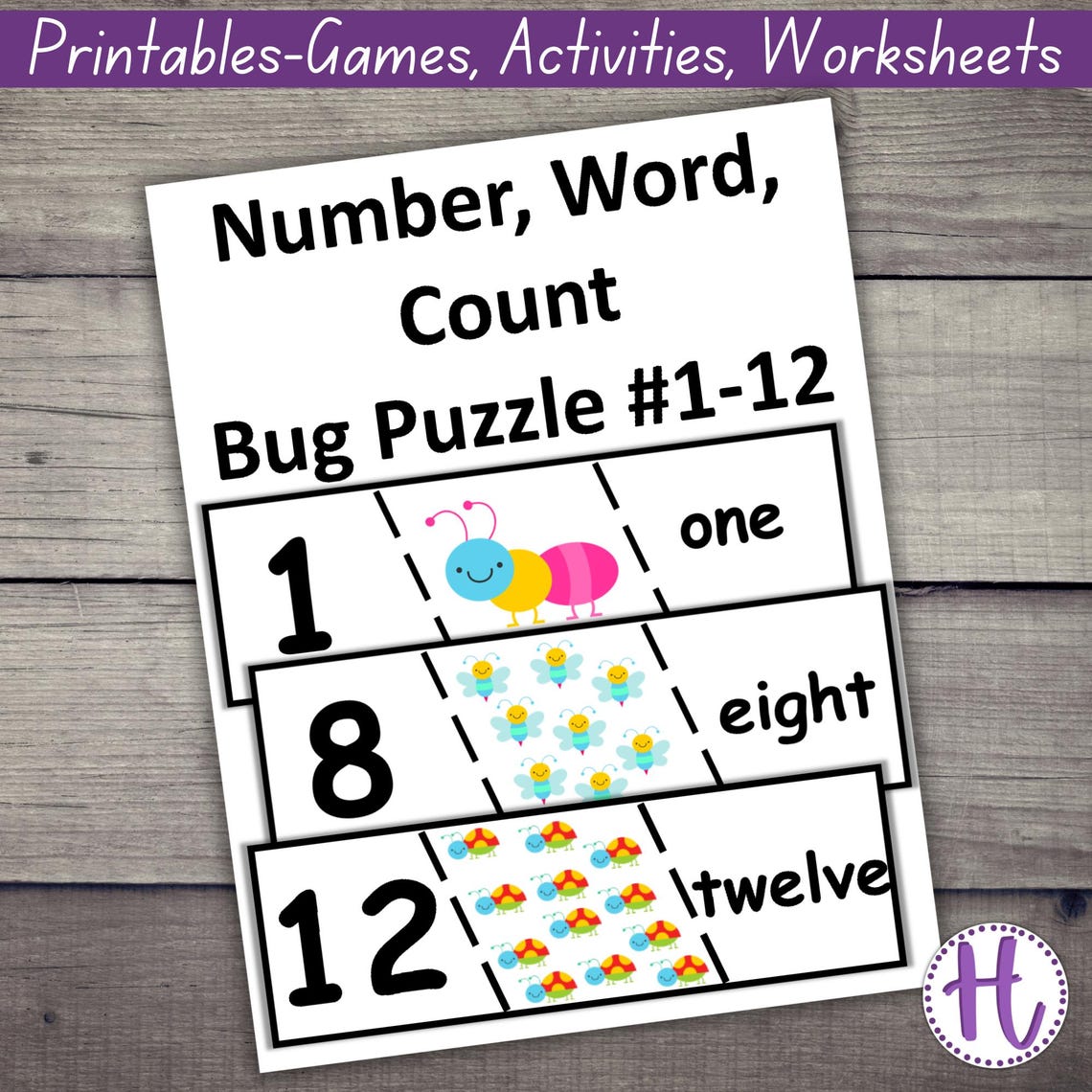 Counting and Number Word Matching Puzzle Cards for Kids, Bug Matching ...