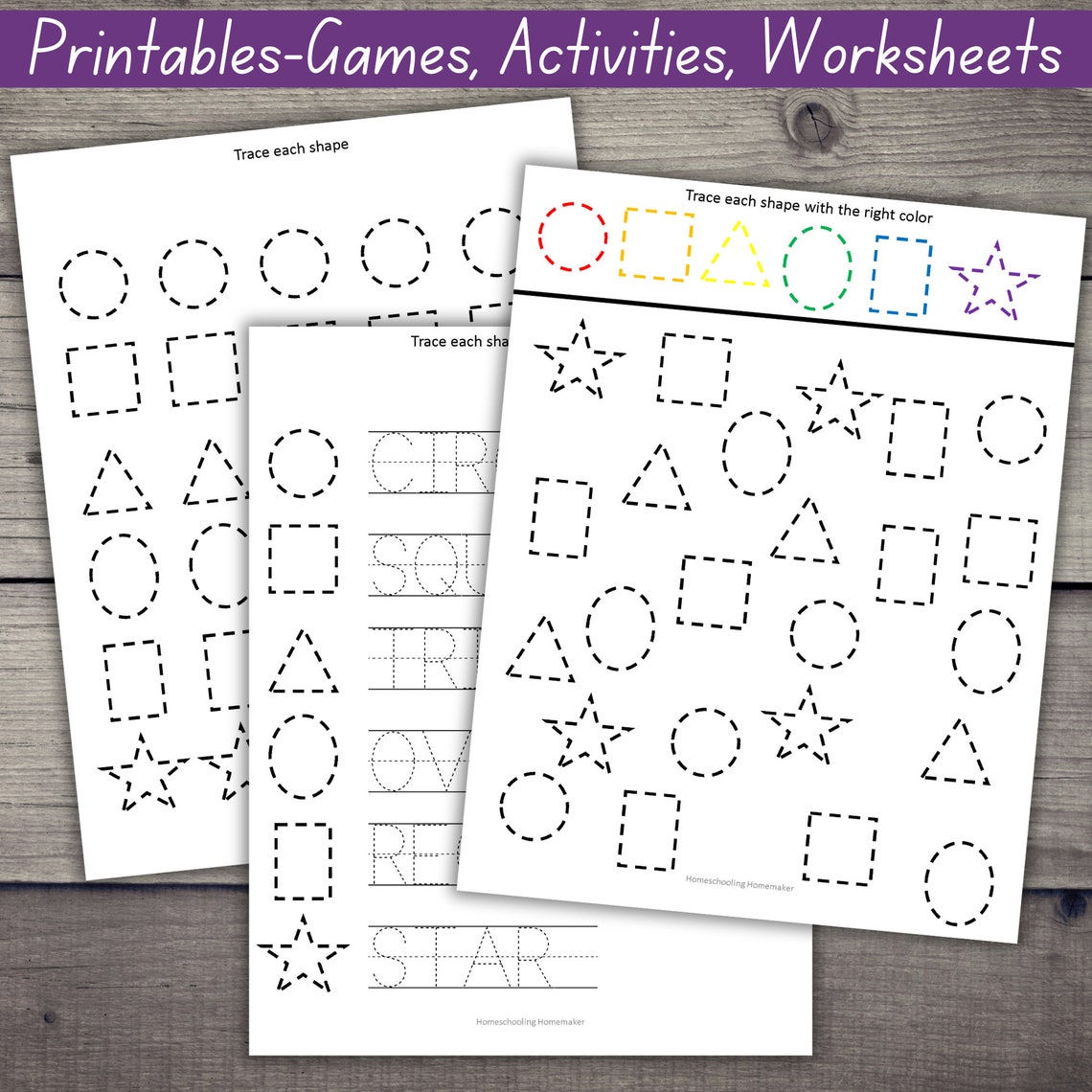 Shape Tracing Worksheets for Preschool, Kindergarten, Toddler, Learning ...