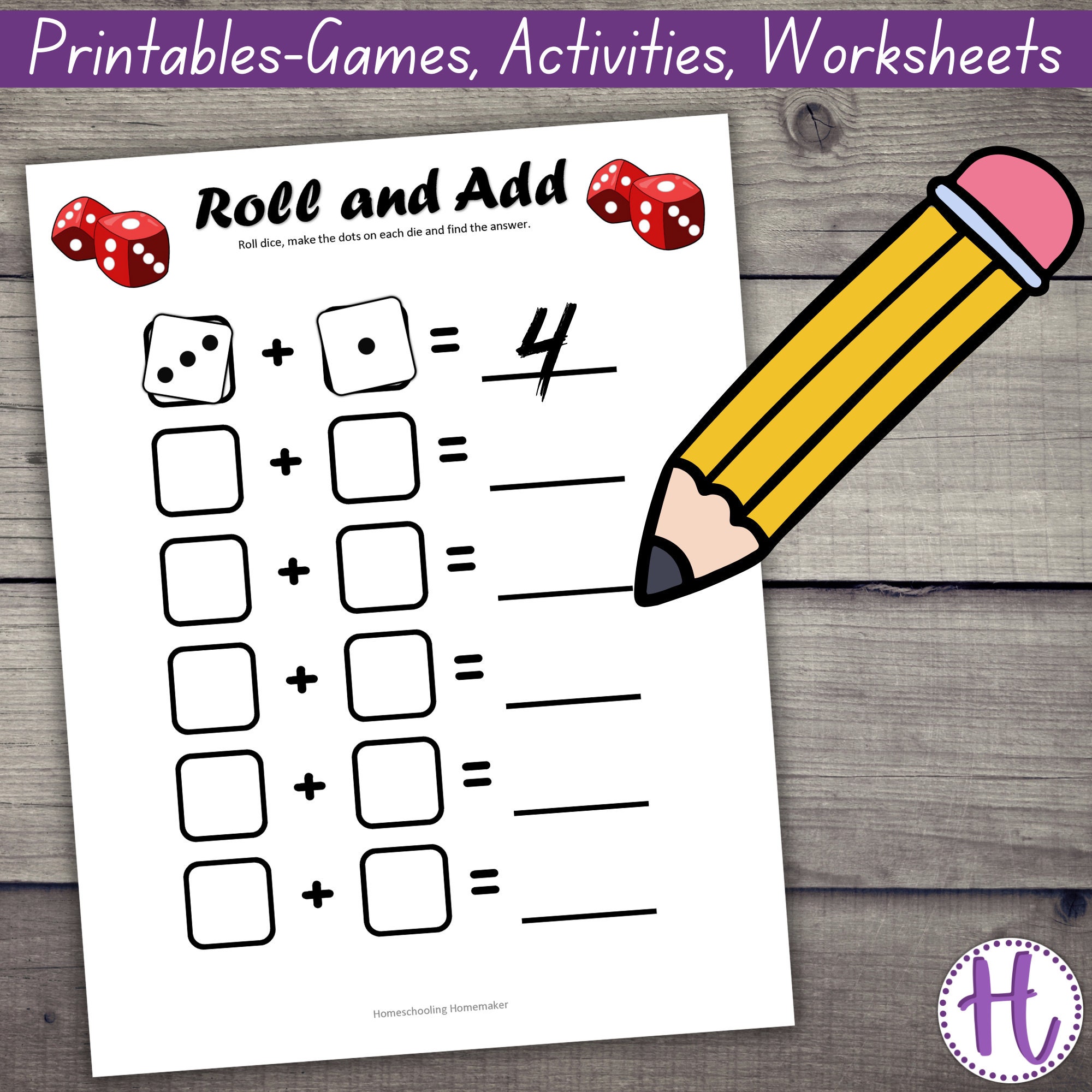 Roll and Add Math Practice Game: Dice Addition Game for Kids (PDF) - Etsy