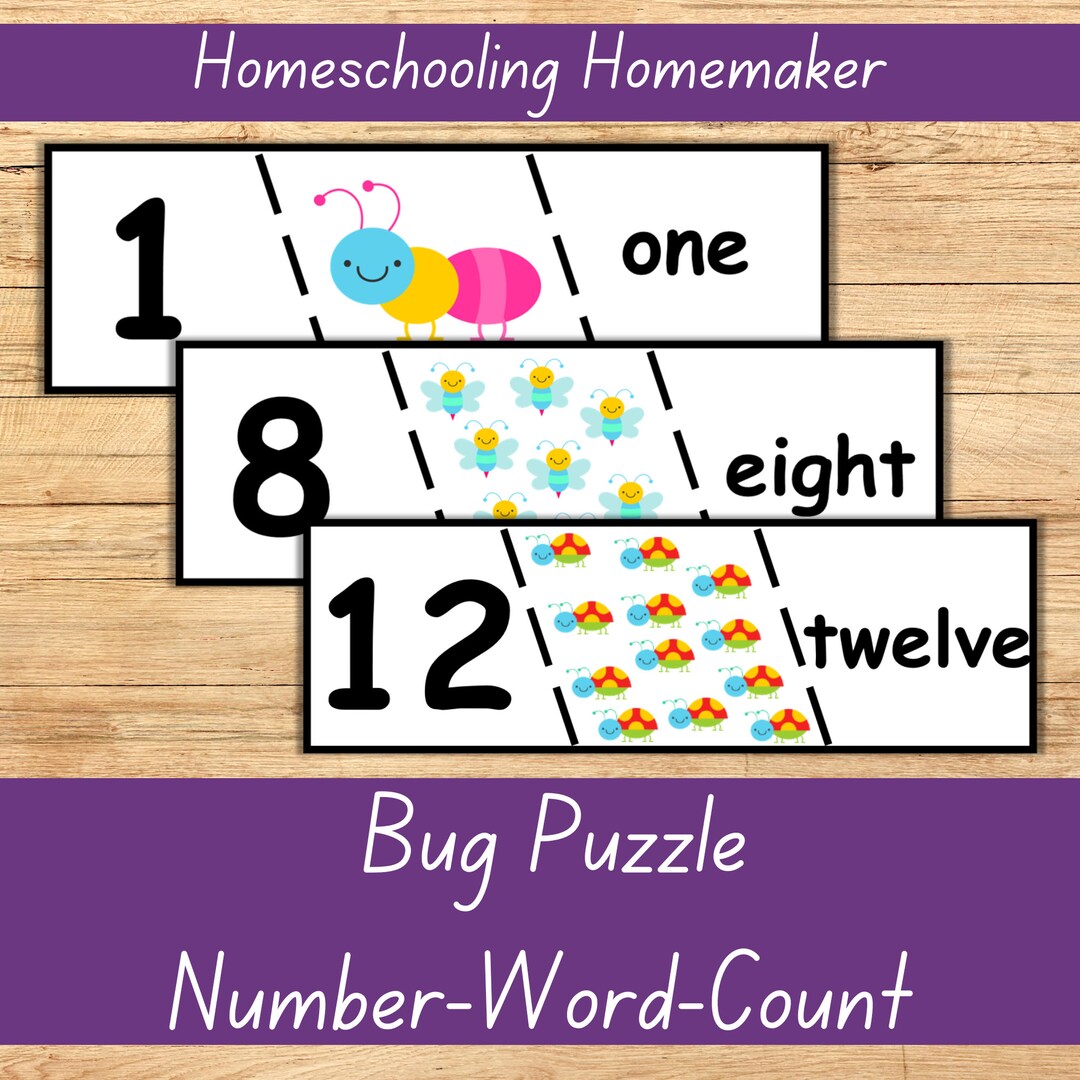 Counting and Number Word Matching Puzzle Cards for Kids, Bug Matching ...