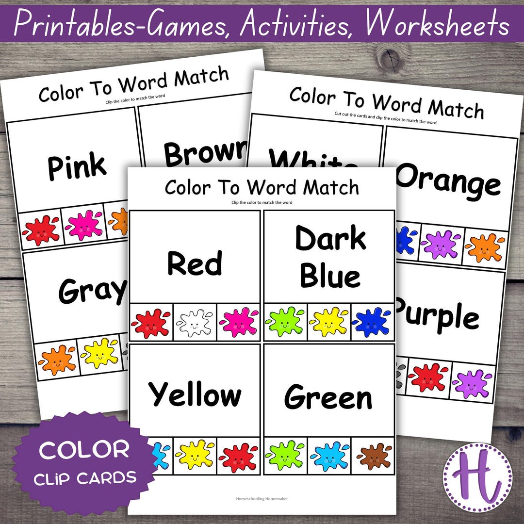Color to Word Matching Clip Cards Preschool, Kindergarten, Elementary ...