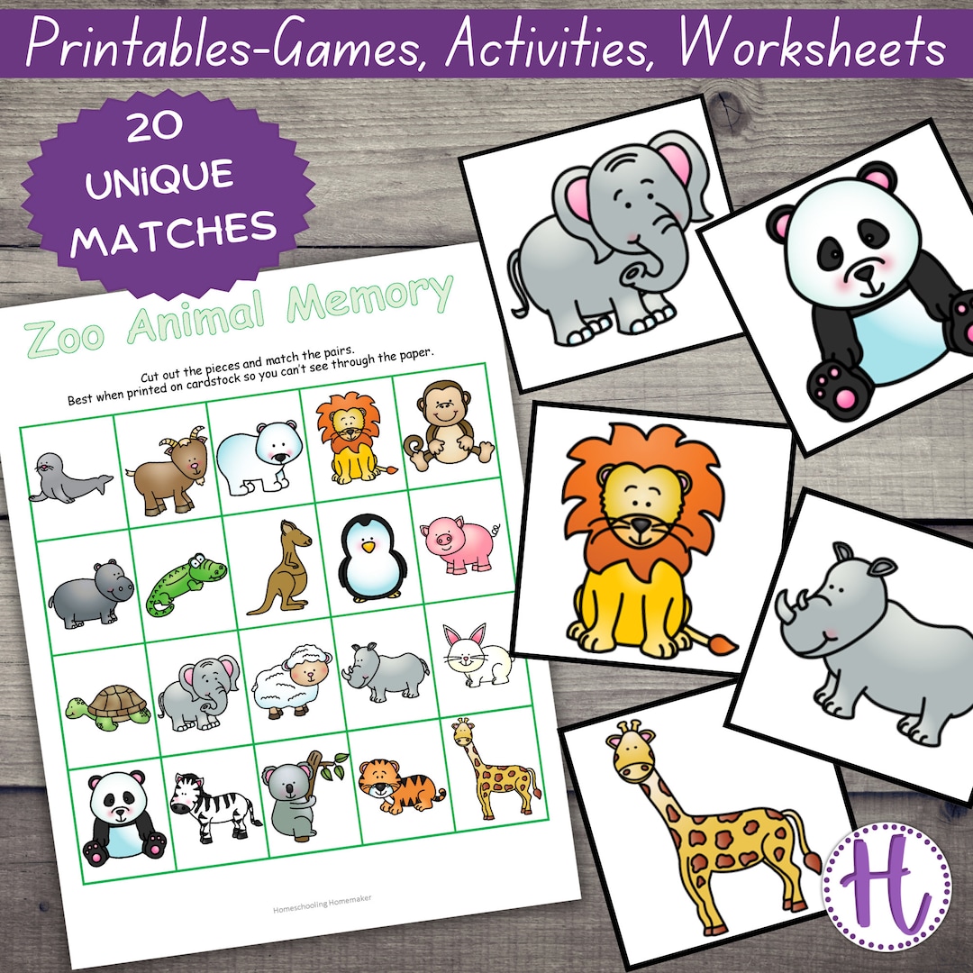 Zoo Animal Memory Game for Kids, Printable Activities, Matching Card ...